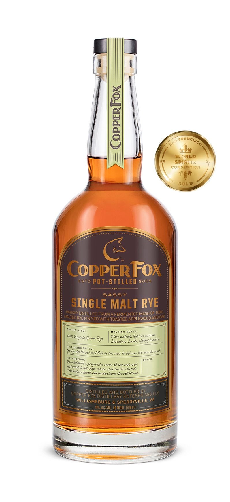 Copper Fox Sassy Single Malt Rye Whisky | Copper Fox Williamsburg